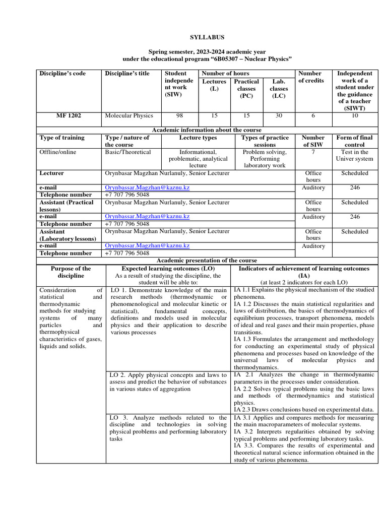 Syllabus On MPH - 2023-2024 - Englishhhhh | PDF | Thermodynamics | Second Law Of Thermodynamics