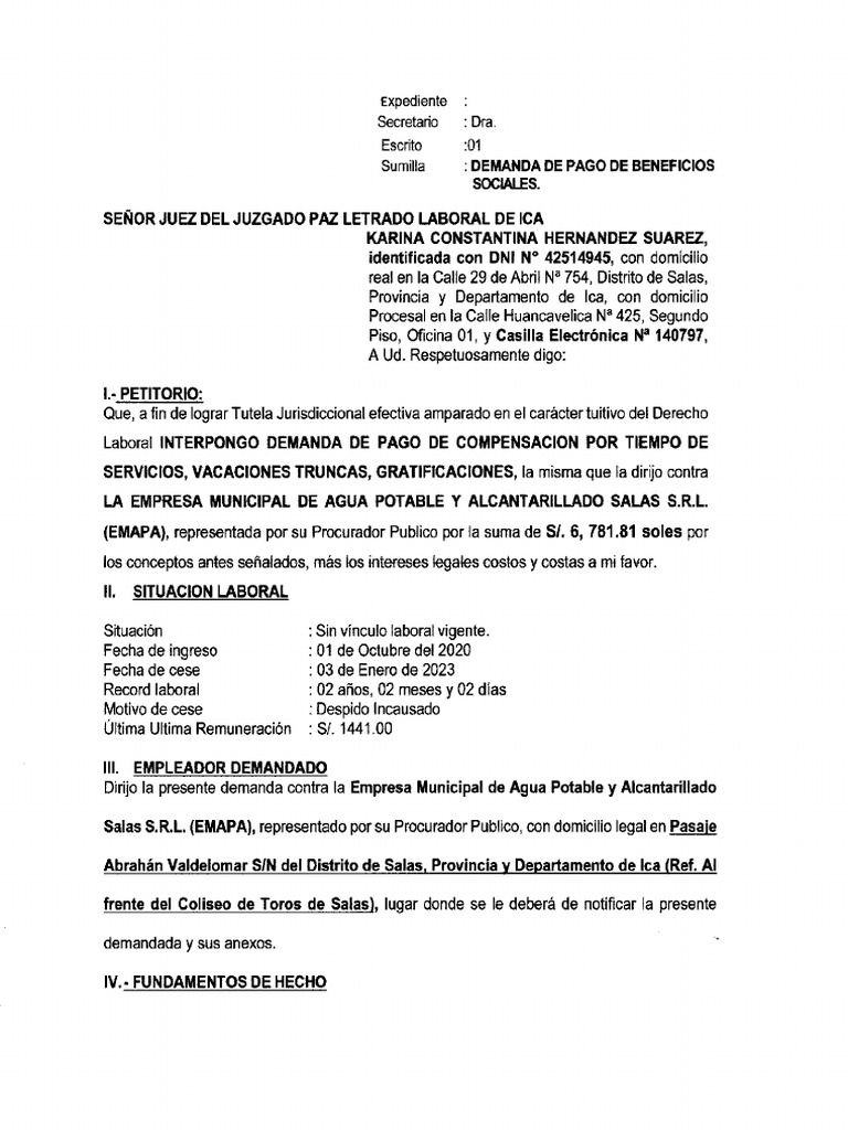 Demanda de Pagos de Beneficios Sociales | PDF