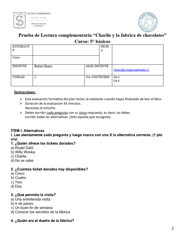 Prueba de Lectura Complementaria "Charlie y La Fabrica de Chocolates" 5 ...
