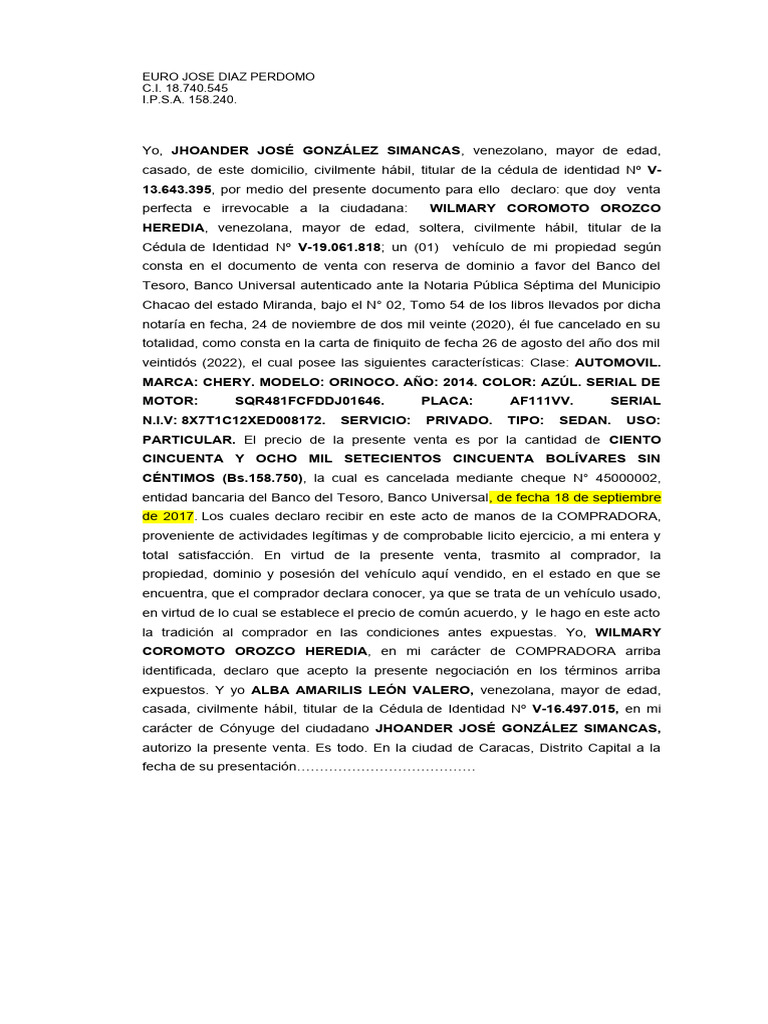 Compra Venta Vehiculo Orinoco 2023 | PDF | Documento de identidad ...