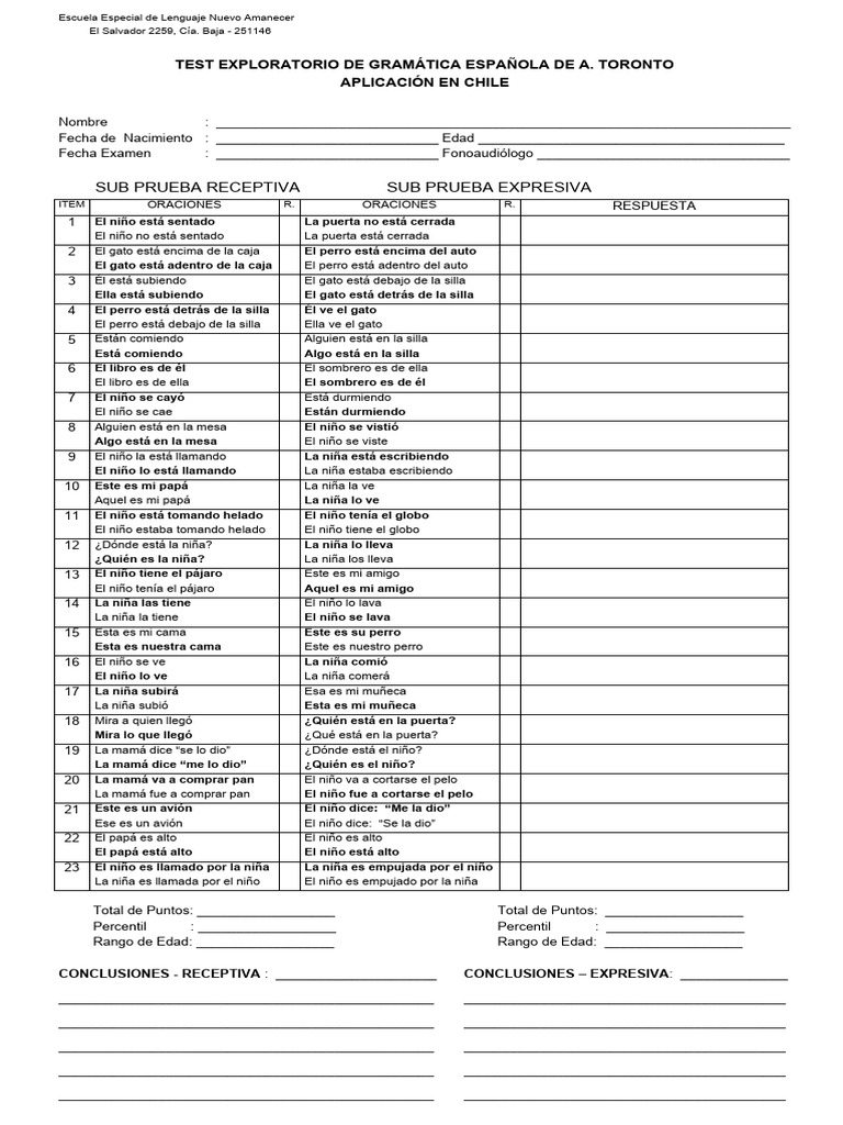 Screening Test of Spanish Grammar Receptiva-Expresiva | PDF | Bienestar