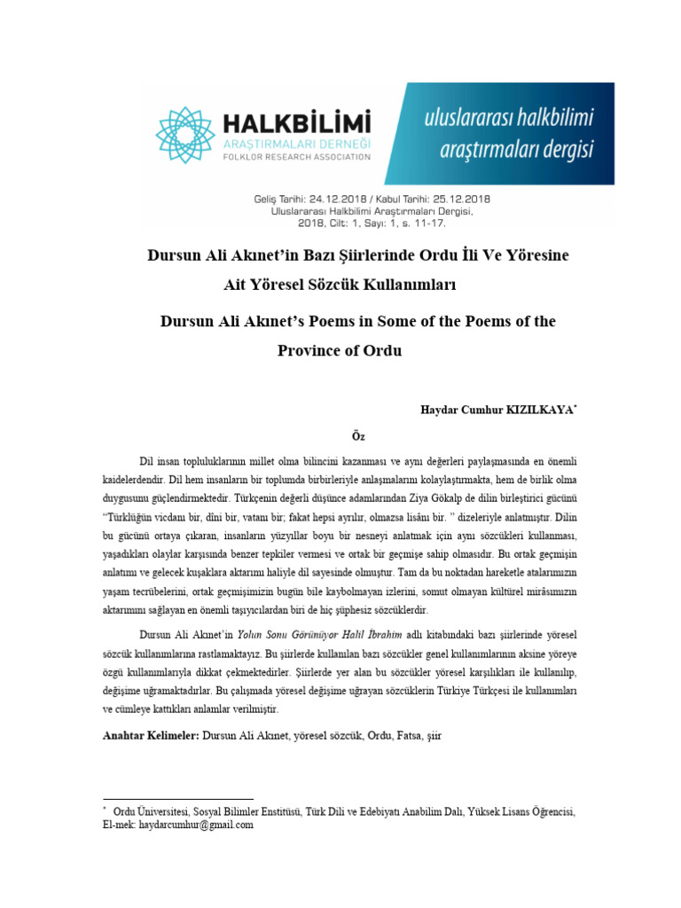 Dursun Ali Ak Net in Baz Iirlerinde Ordu Li Ve Y Resine Ait Y Resel S ZC K Kullan Mlar (#502069 ...