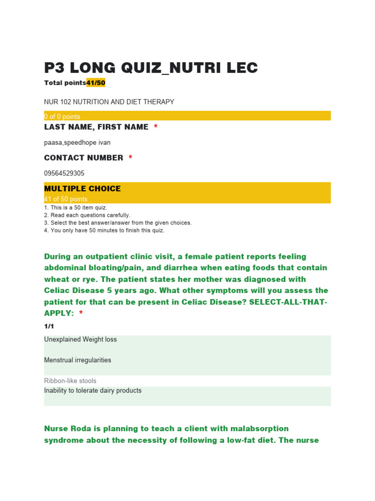 P3 LONG QUIZ Nutri Lec | PDF | Fat | Low Carbohydrate Diet