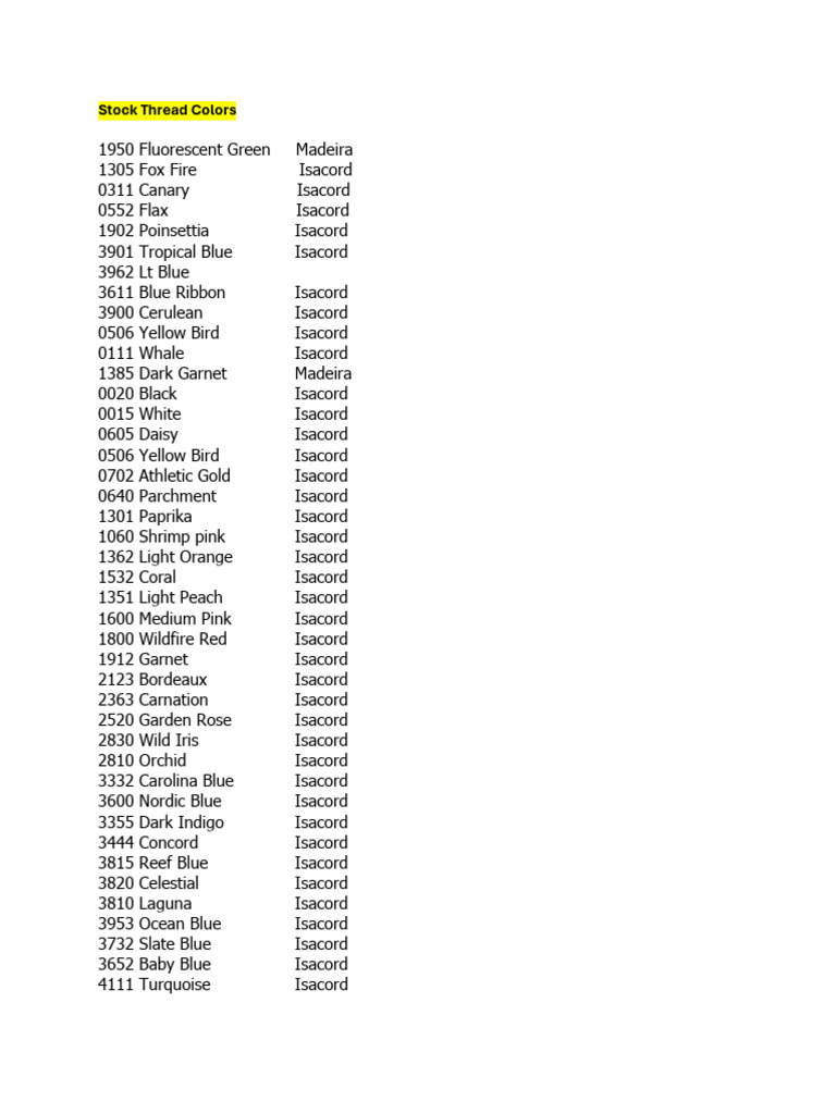 Embroidery Thread Color List | PDF | Color | Rainbow