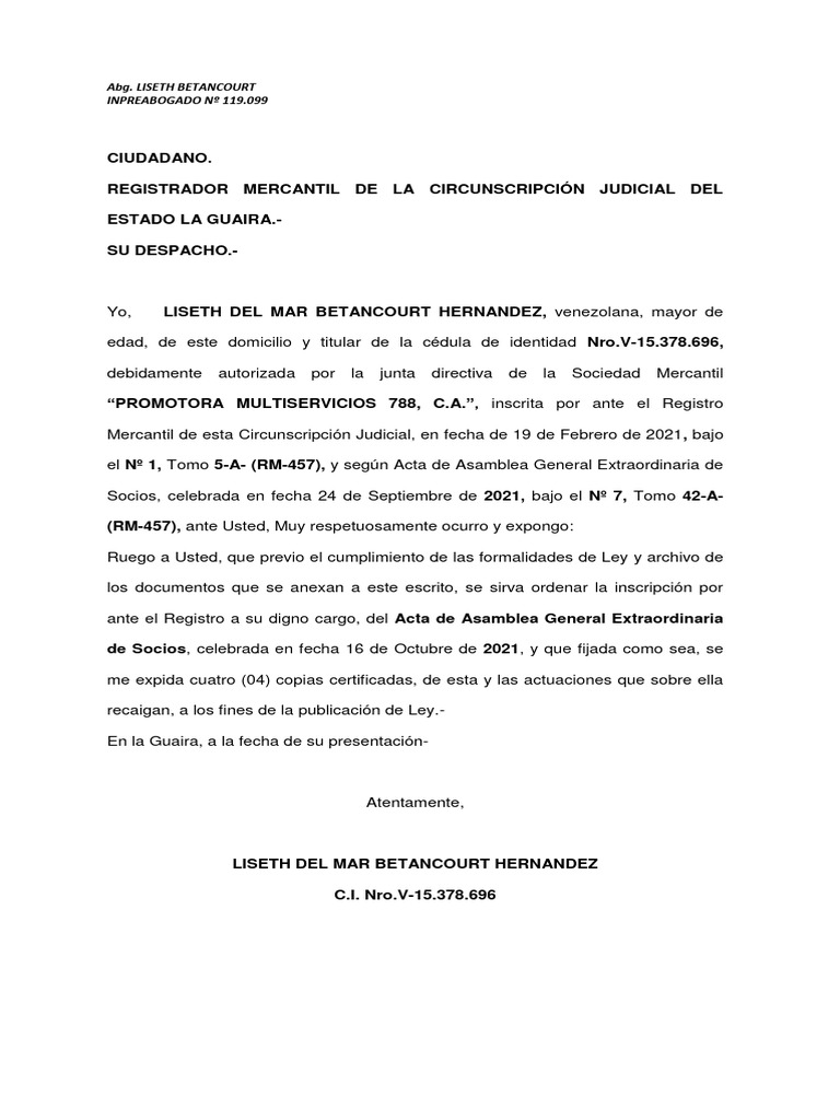 Acta de Asamblea Extraordinaria Bambu 2 | PDF | Documento de identidad