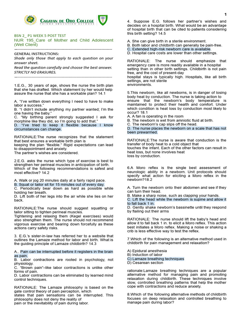 P1W5 - Nur 195 - Post Test - Answer Key With Ratio | PDF | Childbirth ...