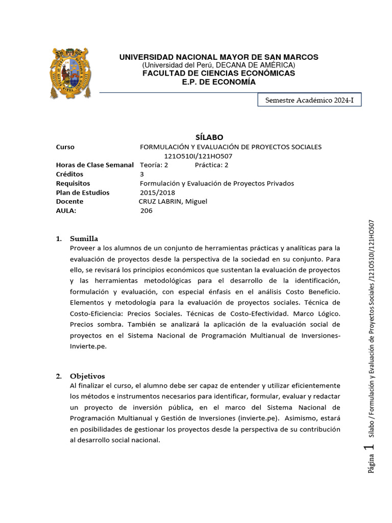 Formulación y Evaluación de Proyectos Sociales-EPE.2015.2018 (2024-1) | PDF | Evaluación ...