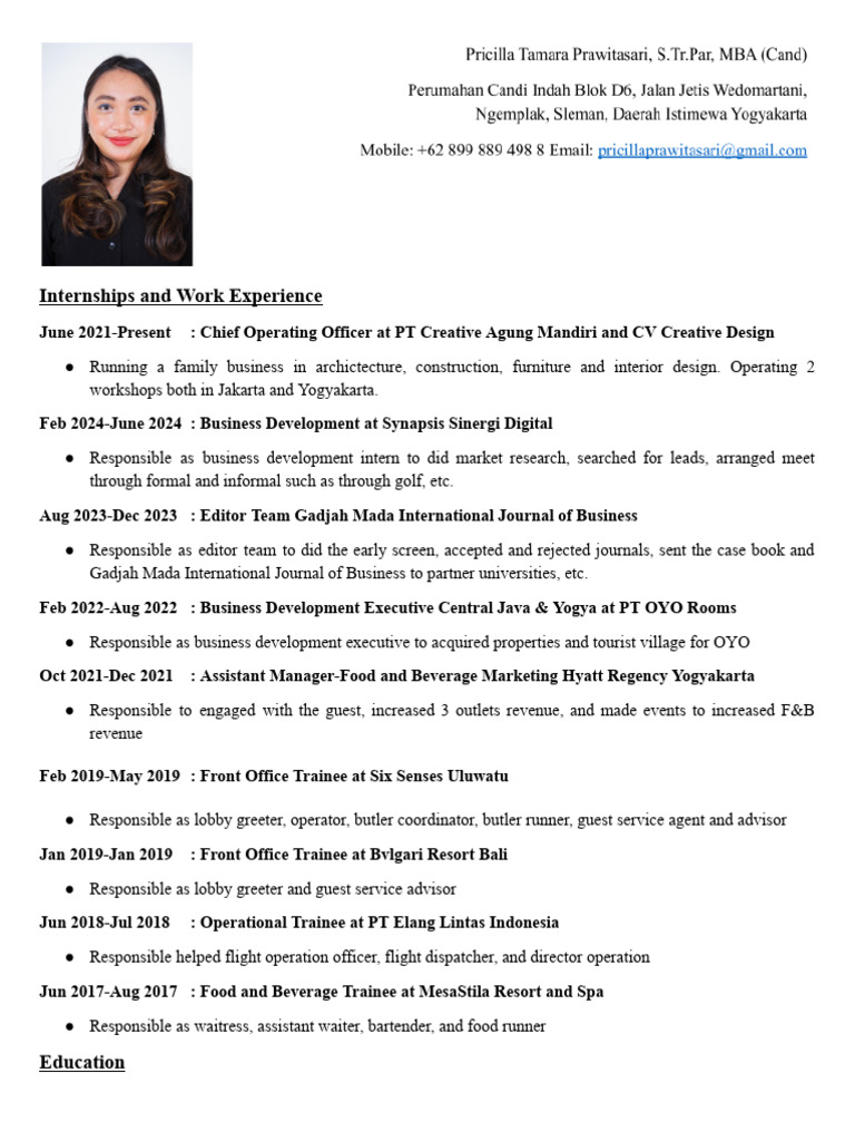 Pricilla Tamara Prawitasari CV 2 Pages New | PDF