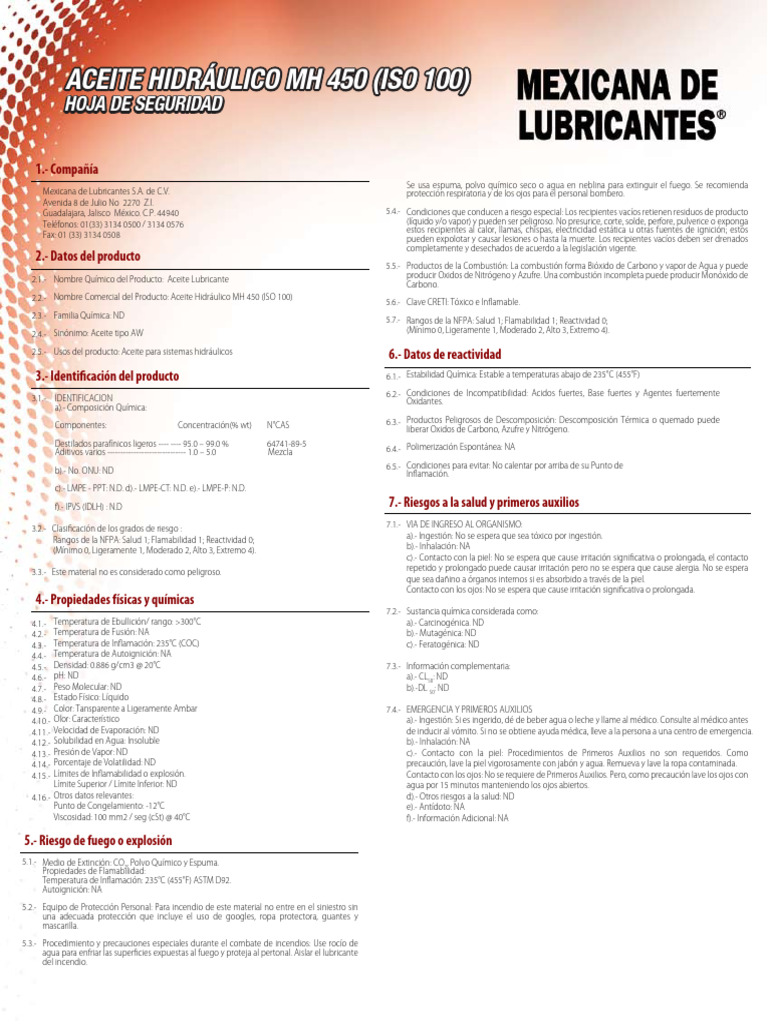 Hoja de Seguridad Aceite MH 450 | PDF | Agua | Combustión