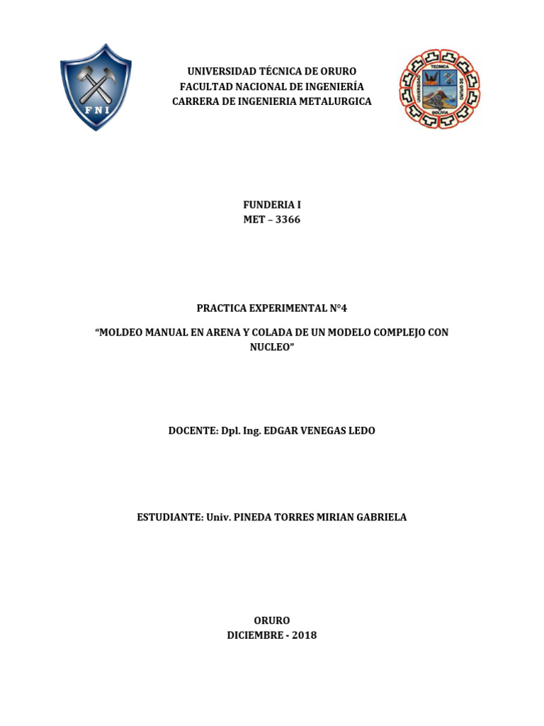 Lab 4 MOLDEO MANUAL EN ARENA Y COLADA DE UN MODELO COMPLEJO CON NUCLEO ...