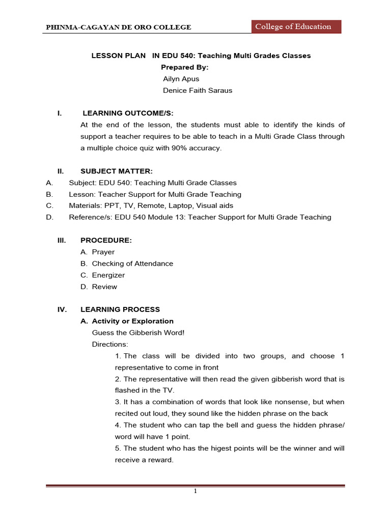Multi Grades Lesson Plan | PDF | Teachers | Learning