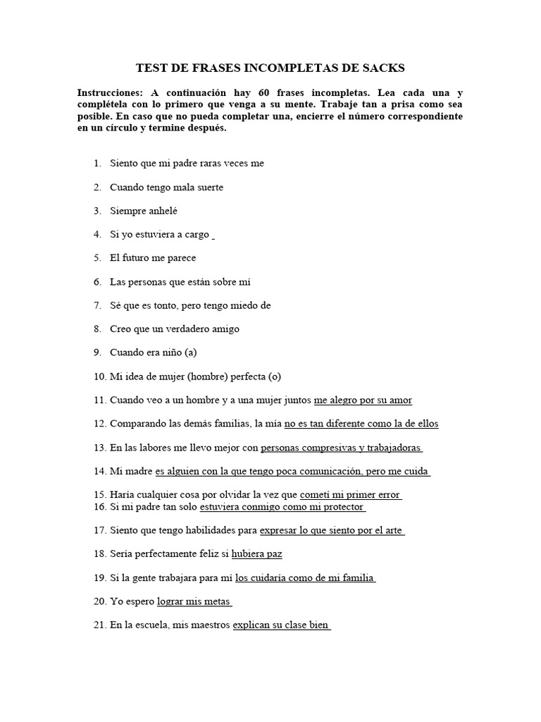 test frases incompletas de sacks | PDF