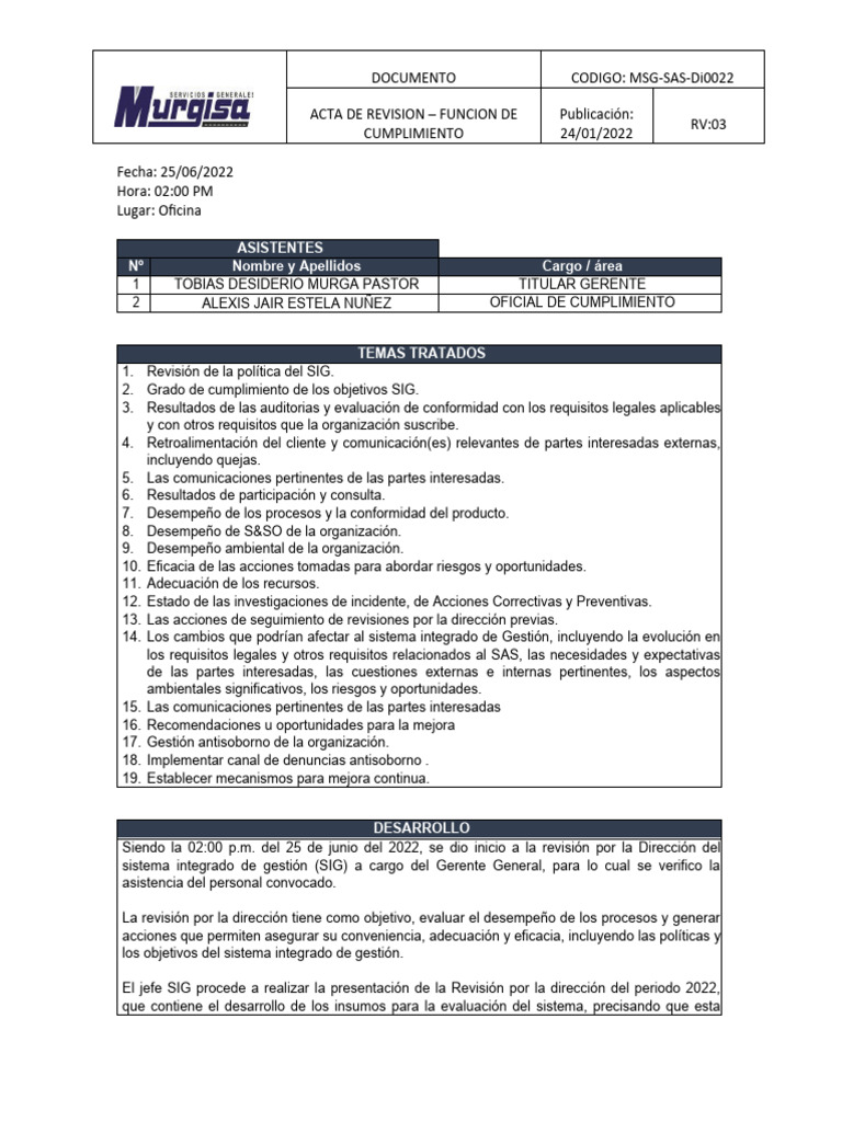 DOC-SAS-025 Acta de Revisión - Funcion de Cumplimiento Mugirsa | PDF | Business