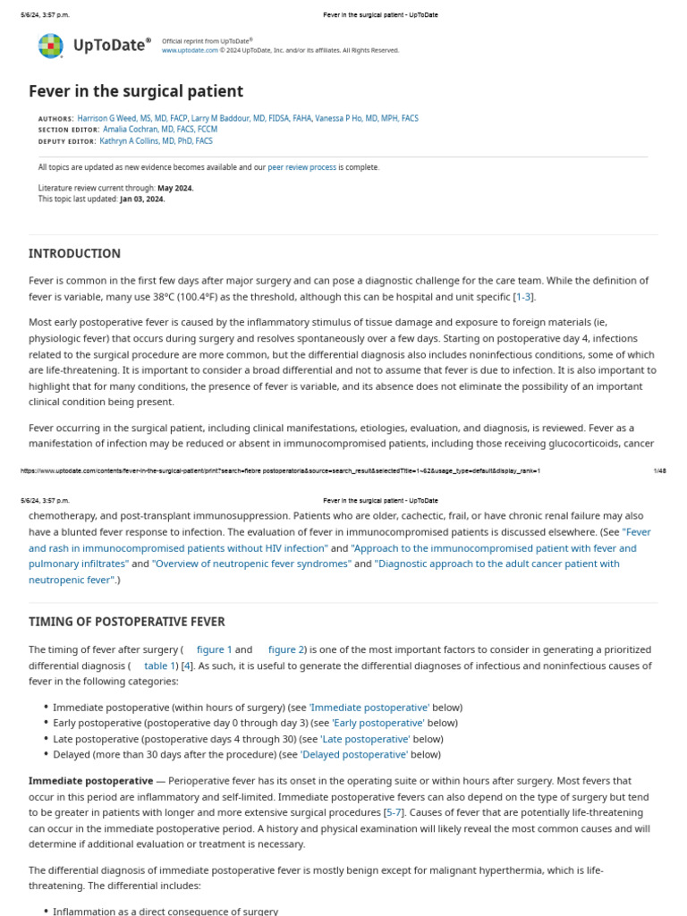Fever in The Surgical Patient - UpToDate | PDF | Surgery | Infection
