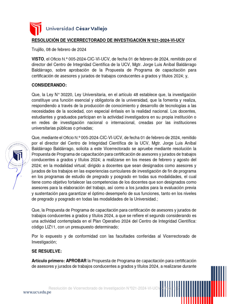 RVI N°021-2024-VI-UCV Aprueba Prog. Capac. Certif. Asesores y Jurados ...