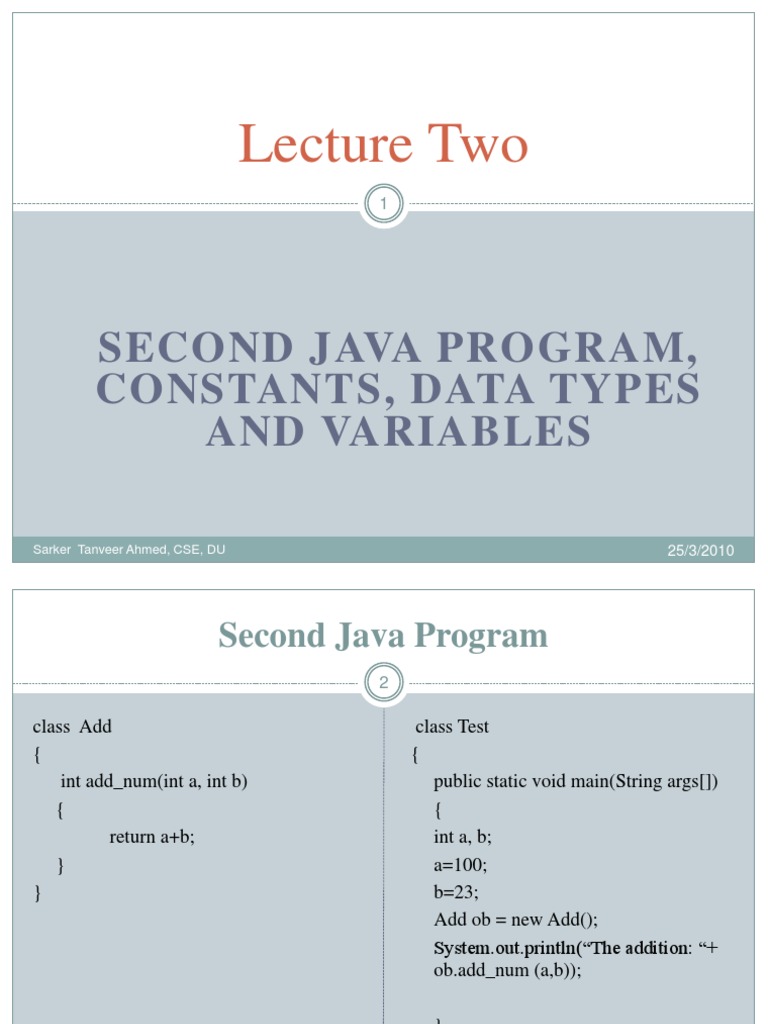 Lecture Two: Second Java Program, Constants, Data Types and Variables | Download Free PDF | Data ...