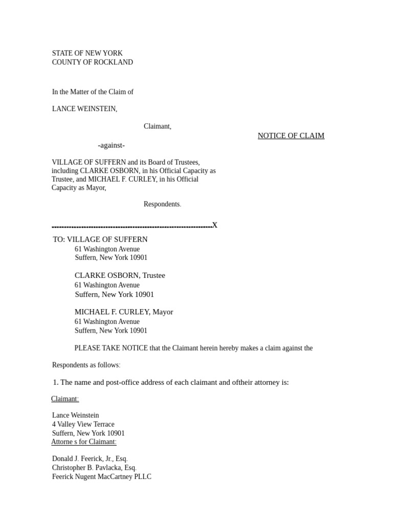 Claim Against Village of Suffern | PDF | Damages | Defamation