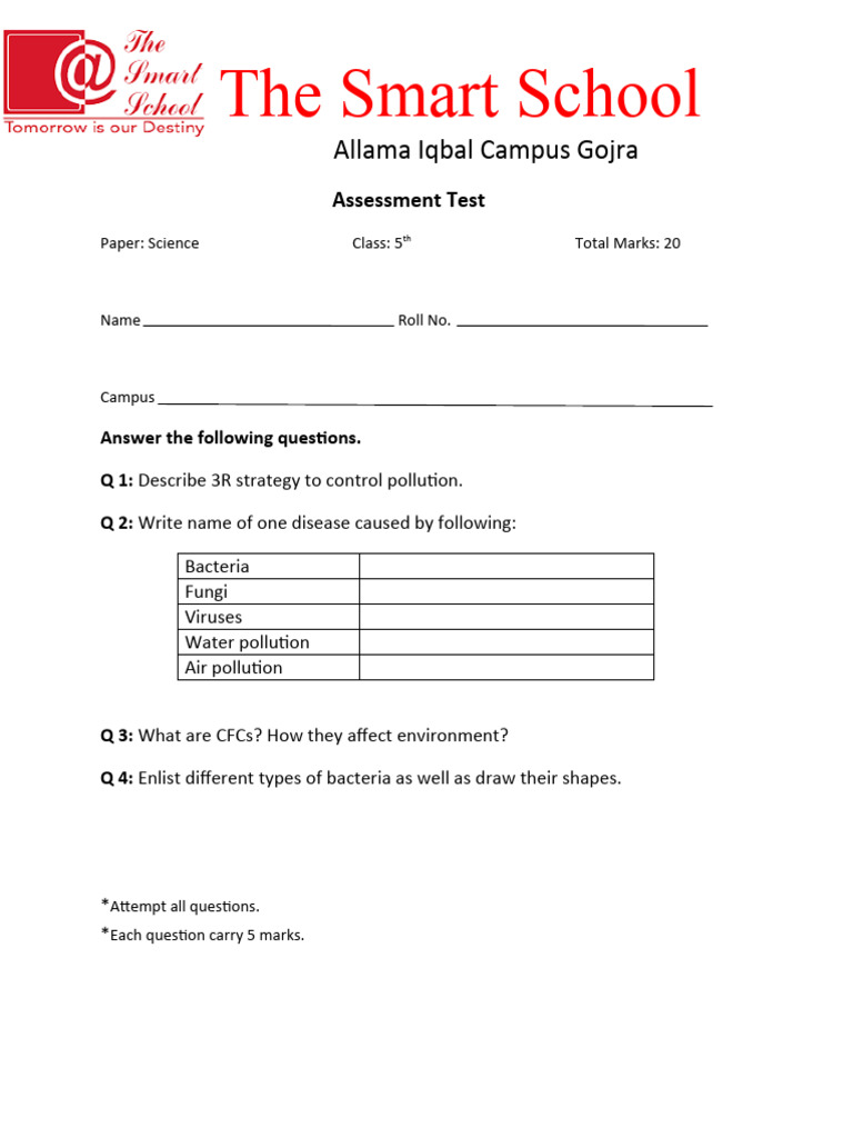 The Smart School, assessment, 5th class science paper | PDF
