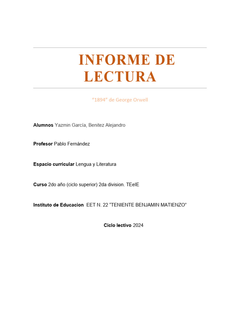 Informe de lectura sobre orwell | PDF | George Orwell