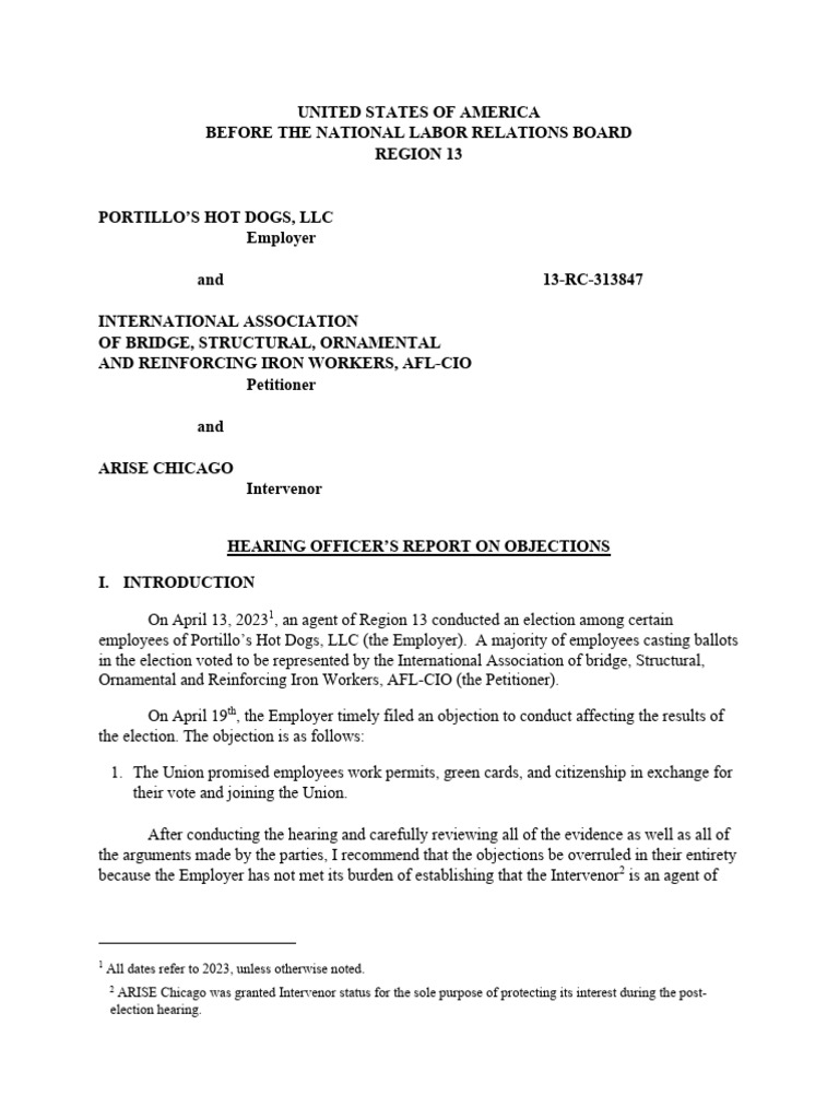 NLRB Hearing Officer Report - RE: PORTILLO'S & ARISE As Intervenor ...