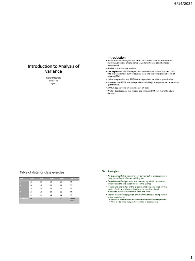 Introduction To Analysis of Variance | PDF | Analysis Of Variance | Experiment