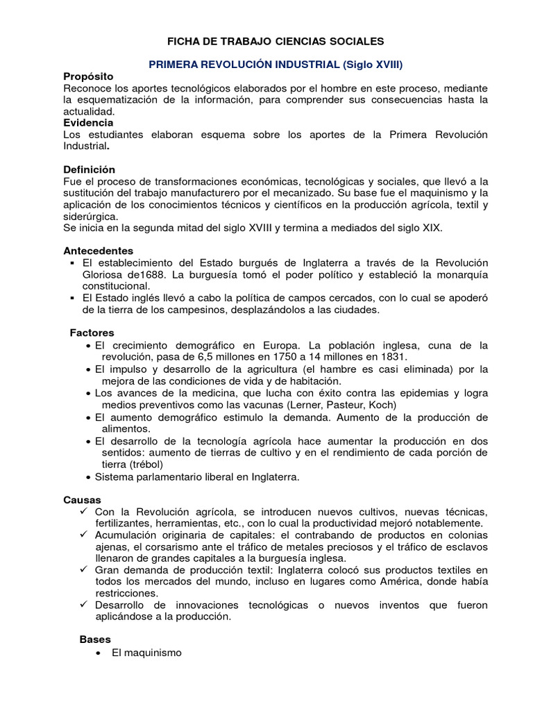 La Primera Revolucion Industrial Ficha de Trabajo | PDF | Industria textil | Revolución industrial