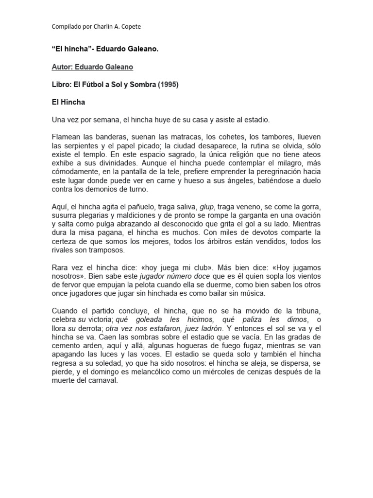 "El Hincha" - Eduardo Galeano.-Jornada de Ejercitación-Semana 8 | PDF