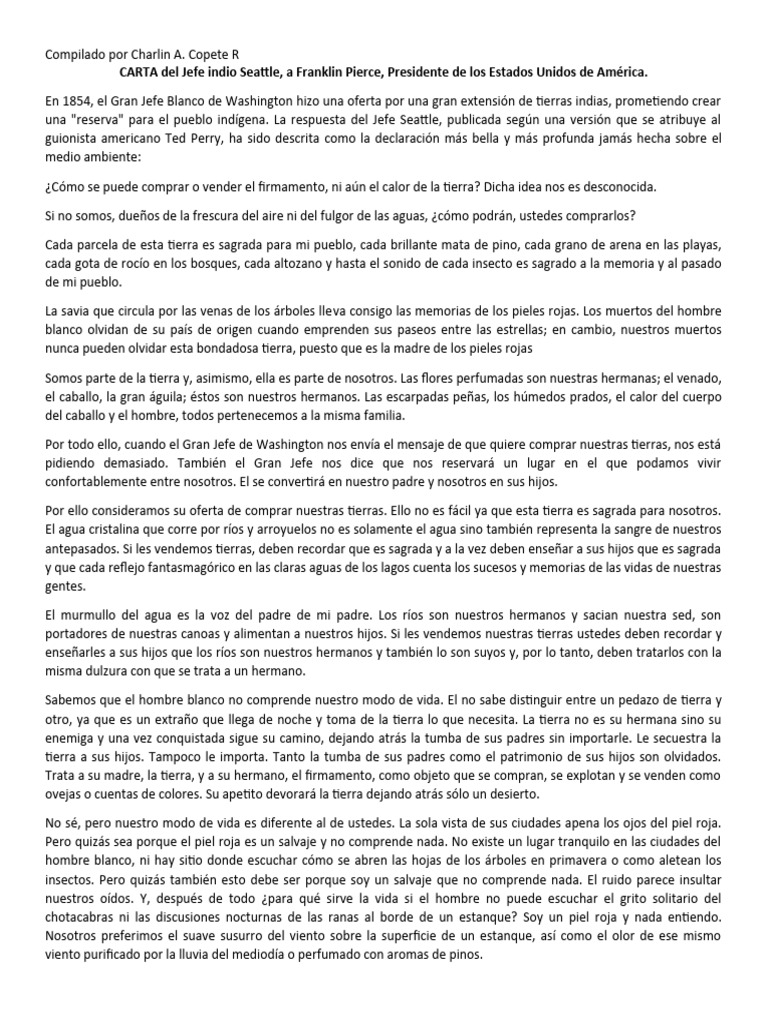 CARTA Del Jefe Indio Seattle, A Franklin Pierce, Presidente EEUU | PDF