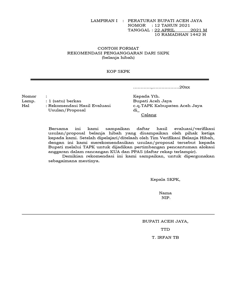Contoh Form Rekomendasi Hibah Dan Bansos (Perbup No 12 Tahun 2021) | PDF