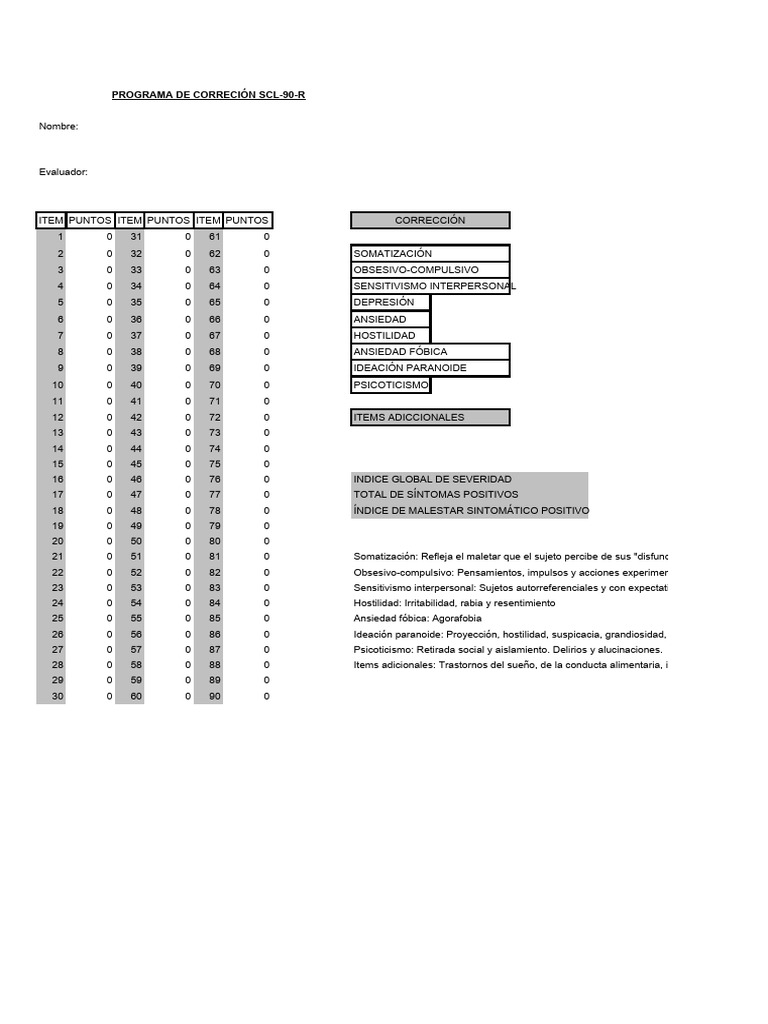 Grilla Para Calcular Valores SCL-90 | PDF | Ansiedad | Psicología anormal
