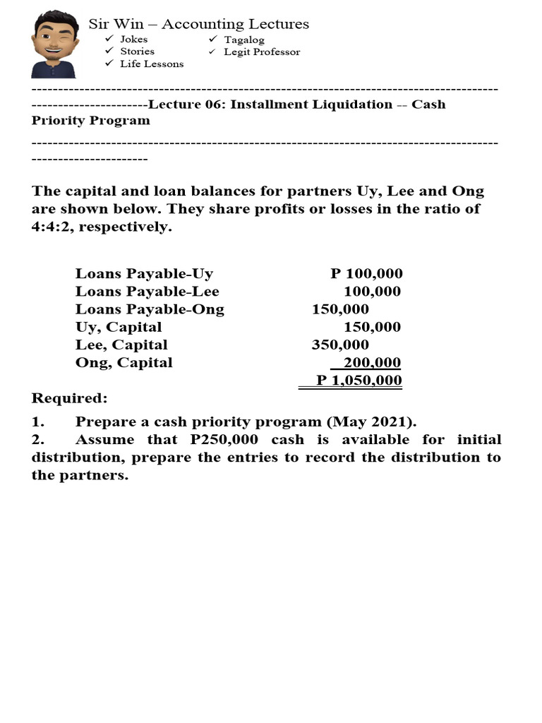 Lecture 06 Installment Liquidation Cash Priority Program 2 | PDF