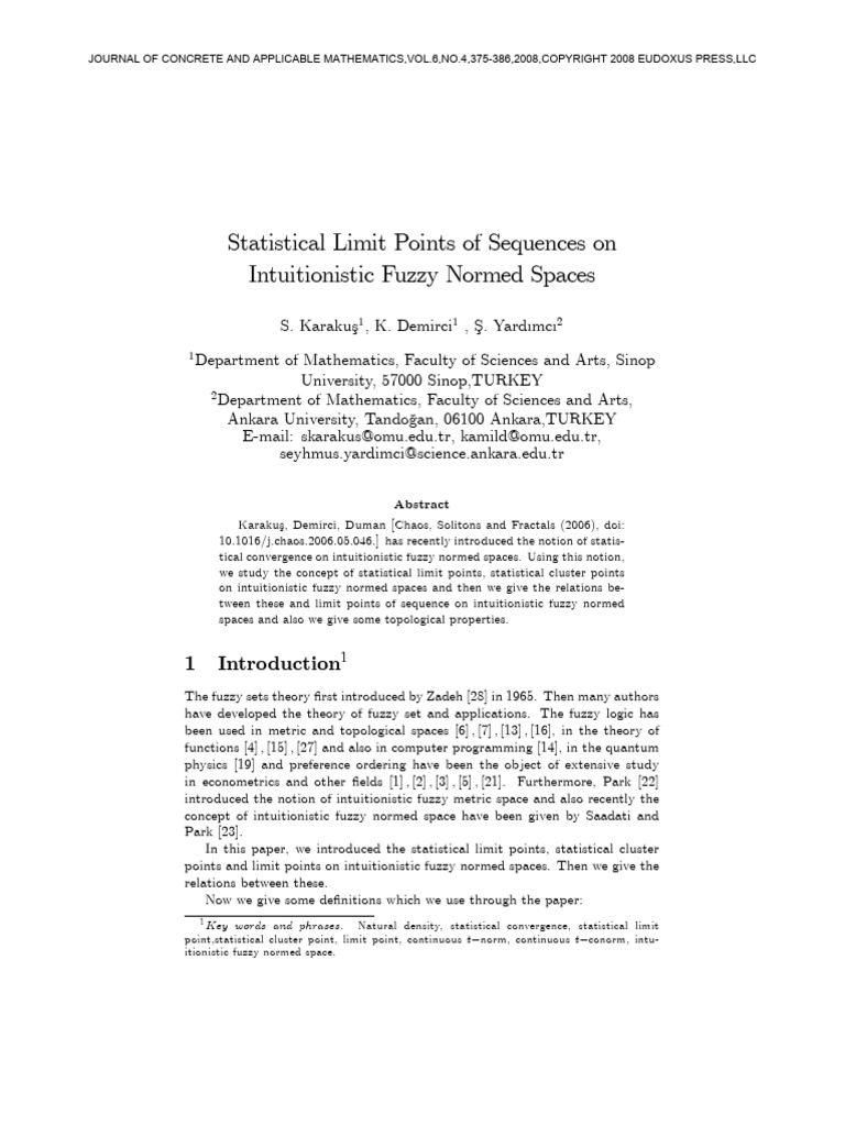 Statistical Limit Points of Sequence On Intuitionistic Fuzzy Normed Spaces | PDF | Sequence ...