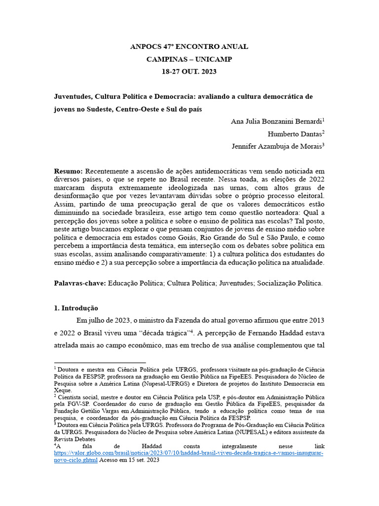 Bernardi Dantas Morais - 2023 - Artigo Anpocs Juventudes e CP 15set | PDF | Brasil | Dilma Rousseff