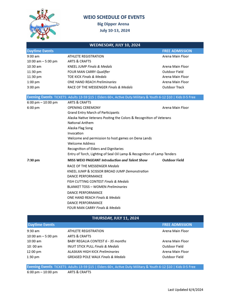 2024 World Eskimo-Indian Olympics Schedule of Events | PDF