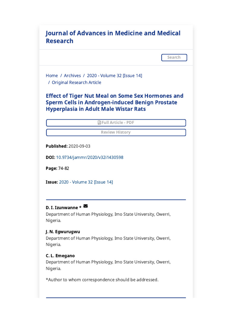 Effect of Tiger Nut Meal On Some Sex Hormones and Sperm Cells in ...