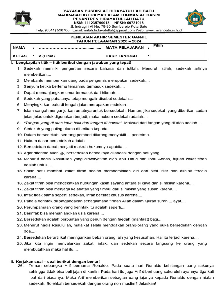 Soal PAS Ganjil FKH Kelas 5 | PDF