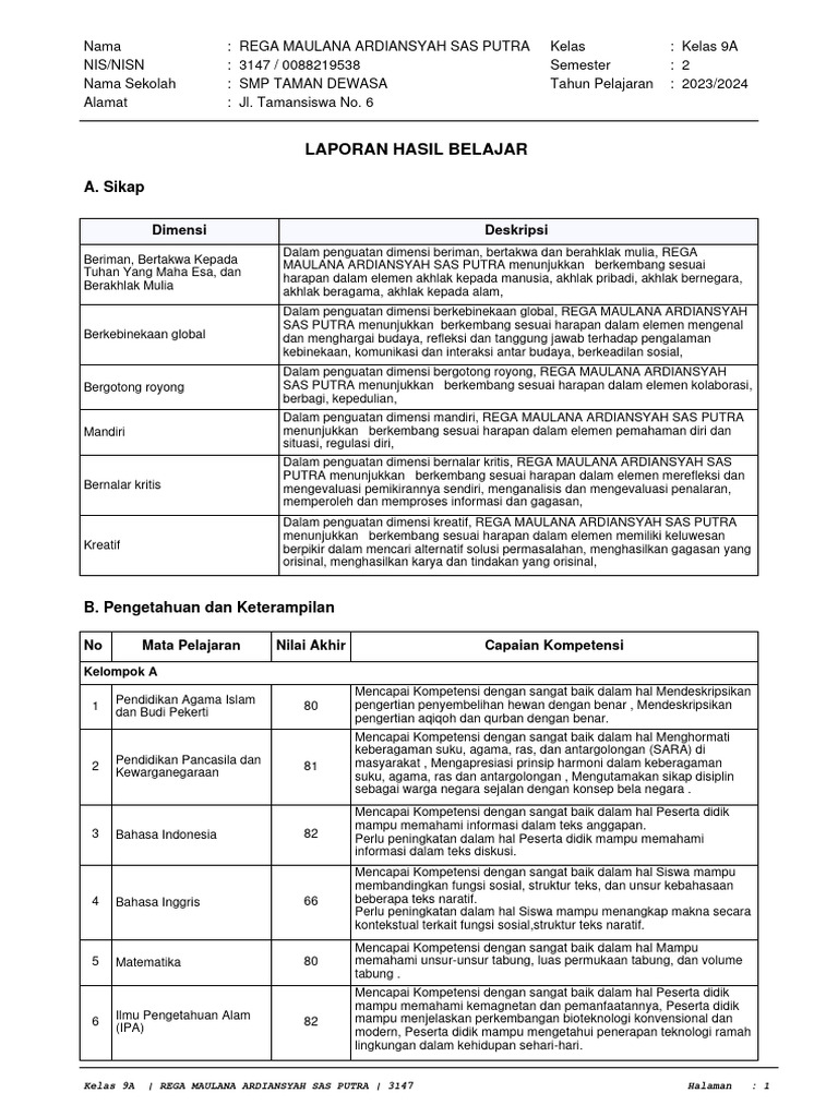 Rapor Siswa Rega | PDF | Kajian Bahasa Asing | Sains & Matematika