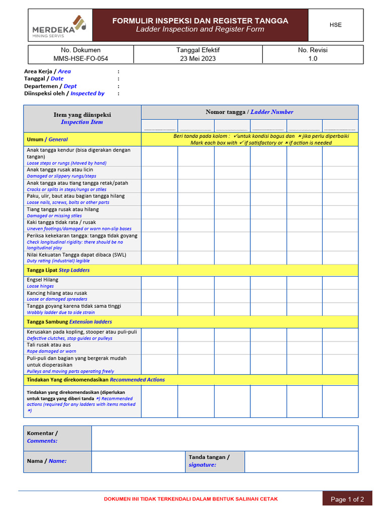 MMS HSE FO 054 A1 Ladder Inspection Register | PDF