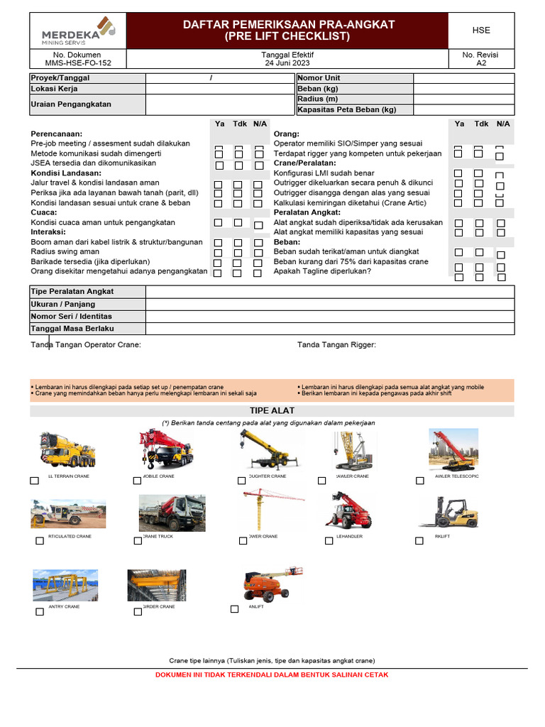 MMS HSE FO 152 - A2 Pre Lift Checklist | PDF