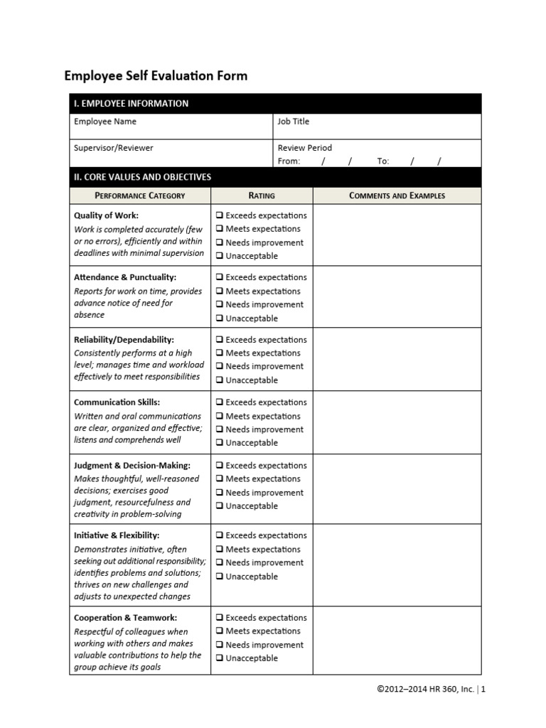Employee Self Evaluation Template | PDF | Performance Appraisal ...