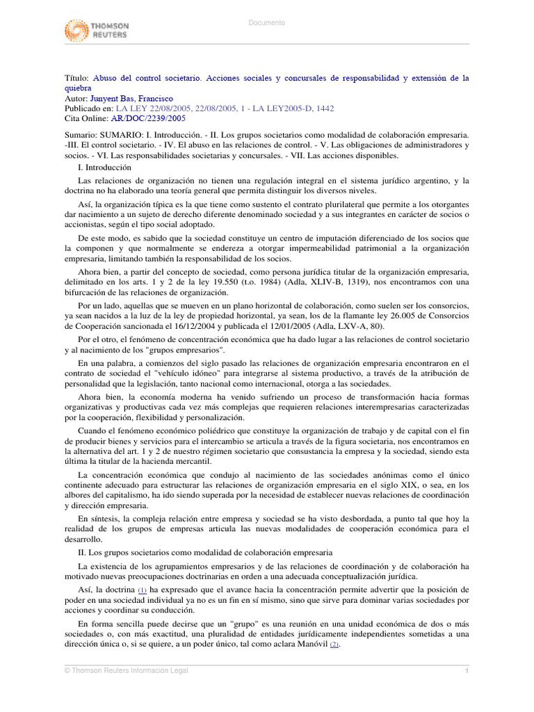 Abuso del Control Societario y Responsabilidad | PDF | Sociedad ...
