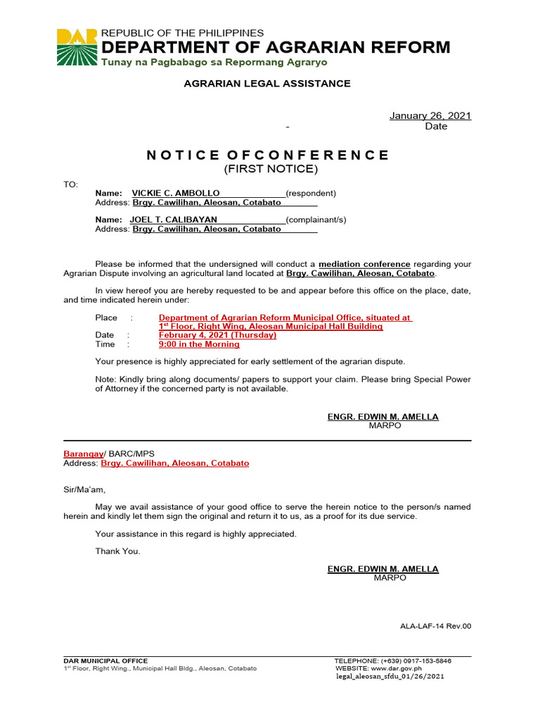 Aleosan Agrarian Dispute Notices | PDF | Dispute Resolution | Mediation
