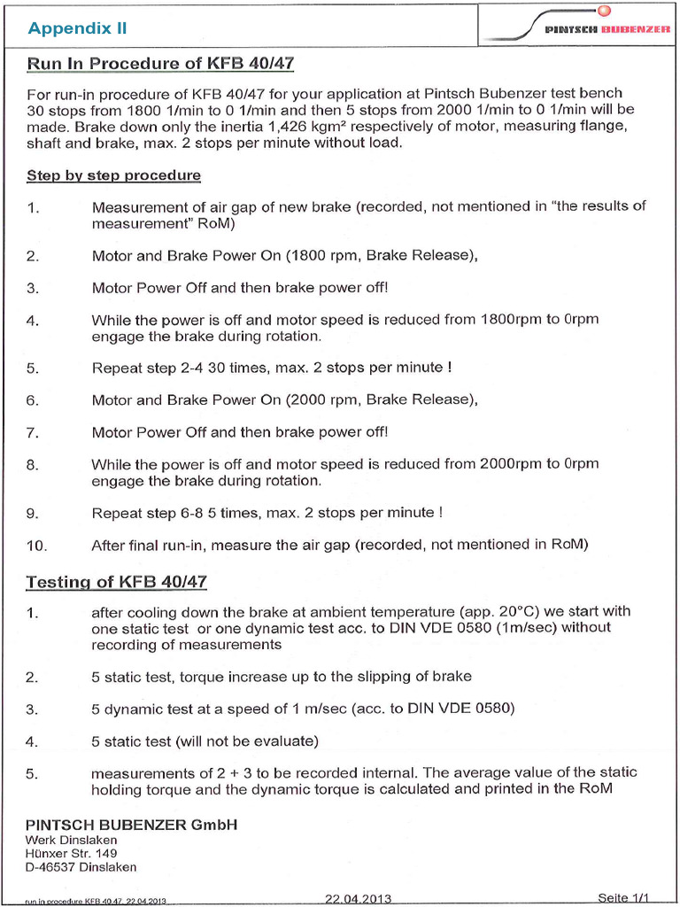 Appendix II KFB 40 - 47 Factory Run-In Procedure | PDF | Mechanical Engineering