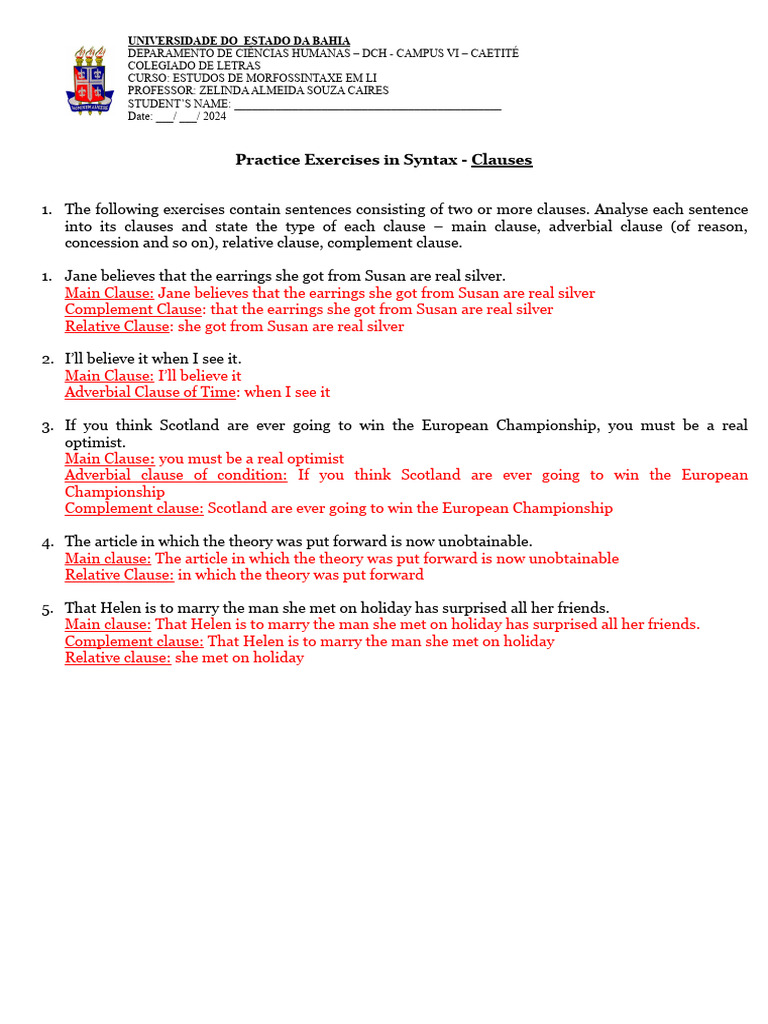 Chave de Respostas - Practice Exercises in Syntax - Clauses | PDF