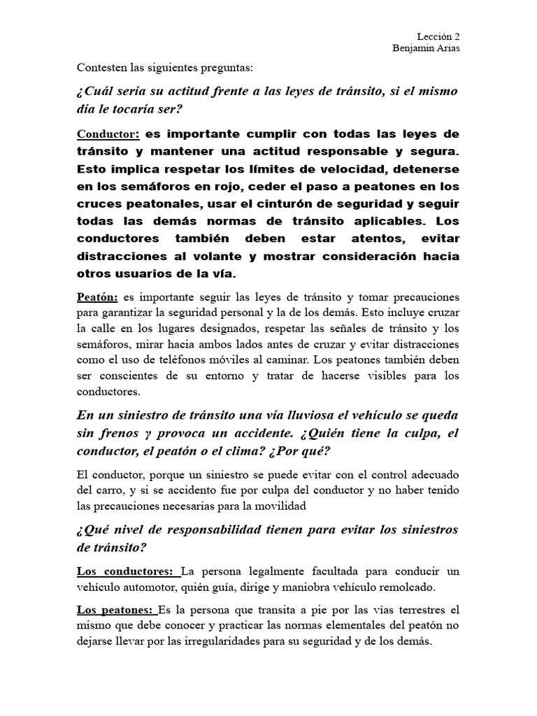 Conductor: Lección 2 Benjamin Arias | PDF | Tráfico | Peatonal