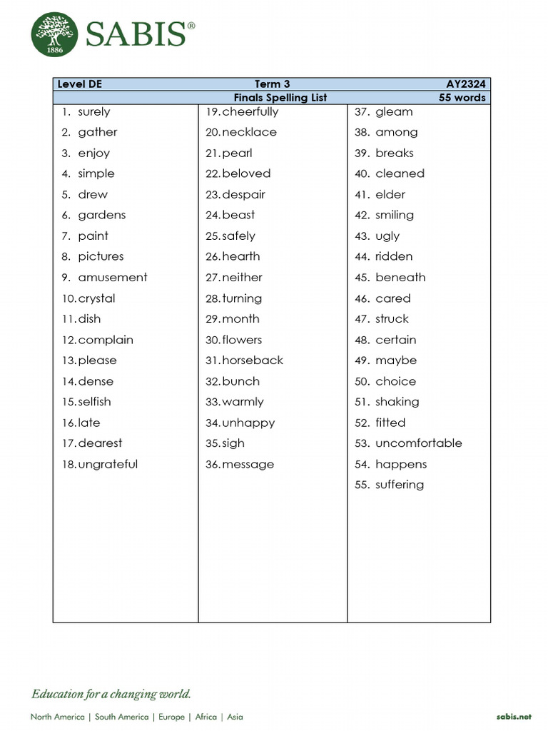 Level DE T3 Final Vocabulary - Spelling List 2324 (Updated) | PDF