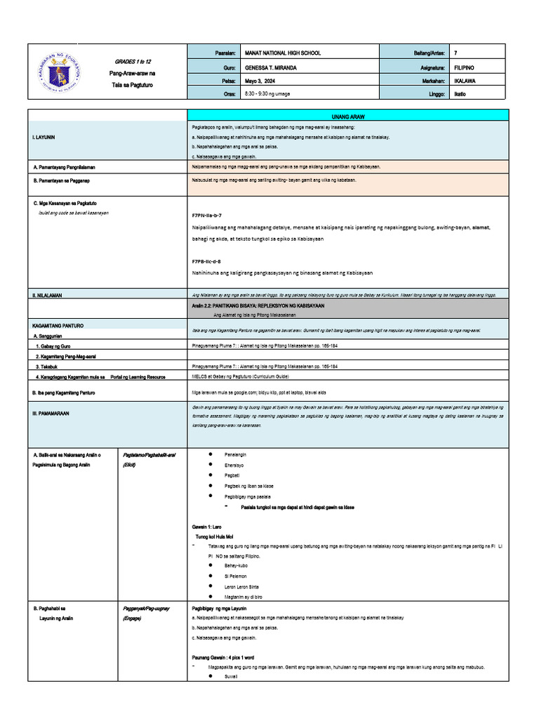 Cot 1 Learning Plan | PDF