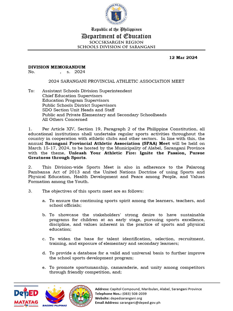 DM 2024 2024 Sarangani Provincial Athletic Association Meet Copy 1 ...