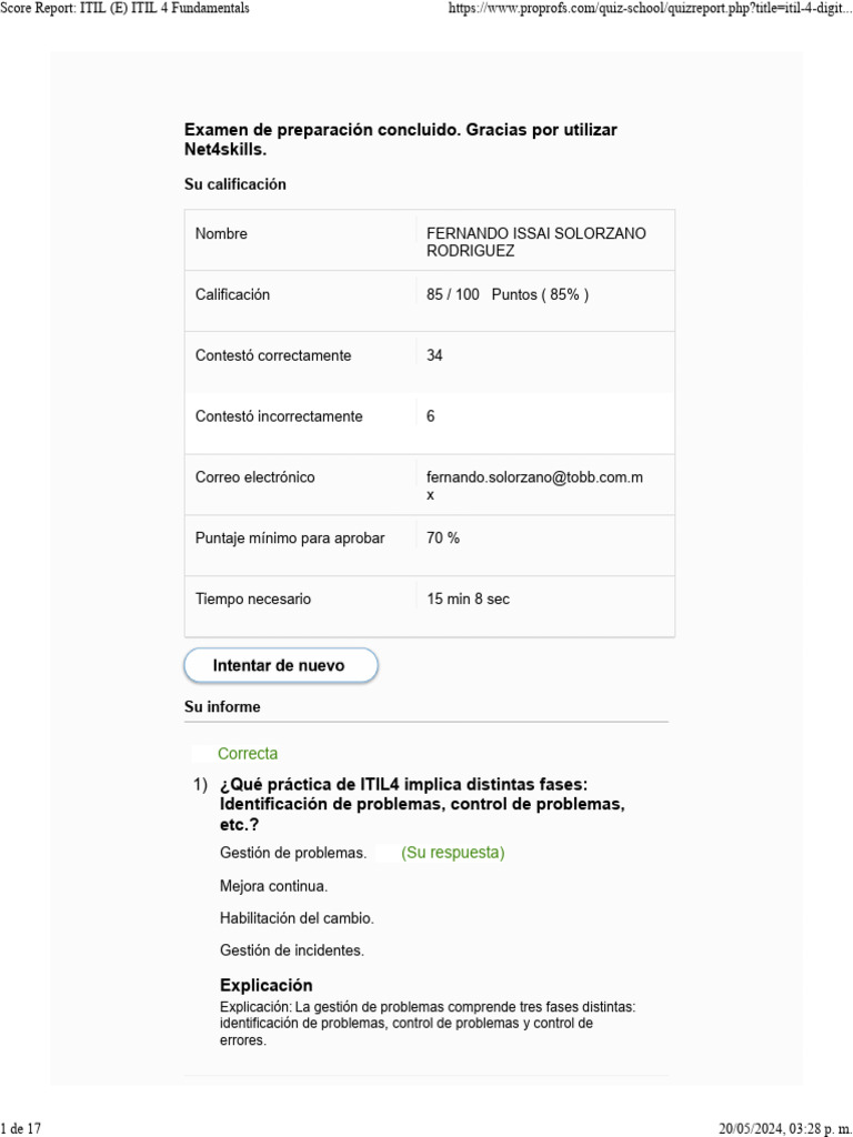 Score Report ITIL (E) ITIL 4 Fundamentals 85 6 | PDF | Itil | Acuerdo ...