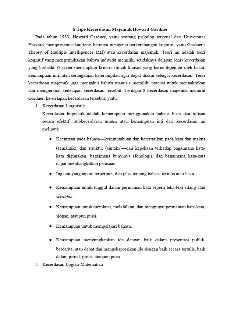 8 Tipe Kecerdasan Majemuk Howard Gardner | PDF